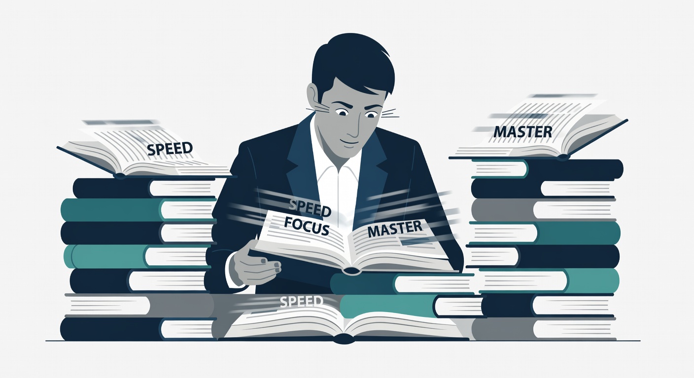 a busy professional rapidly scanning stacked non-fiction books, eyes jumping between bold keywords o