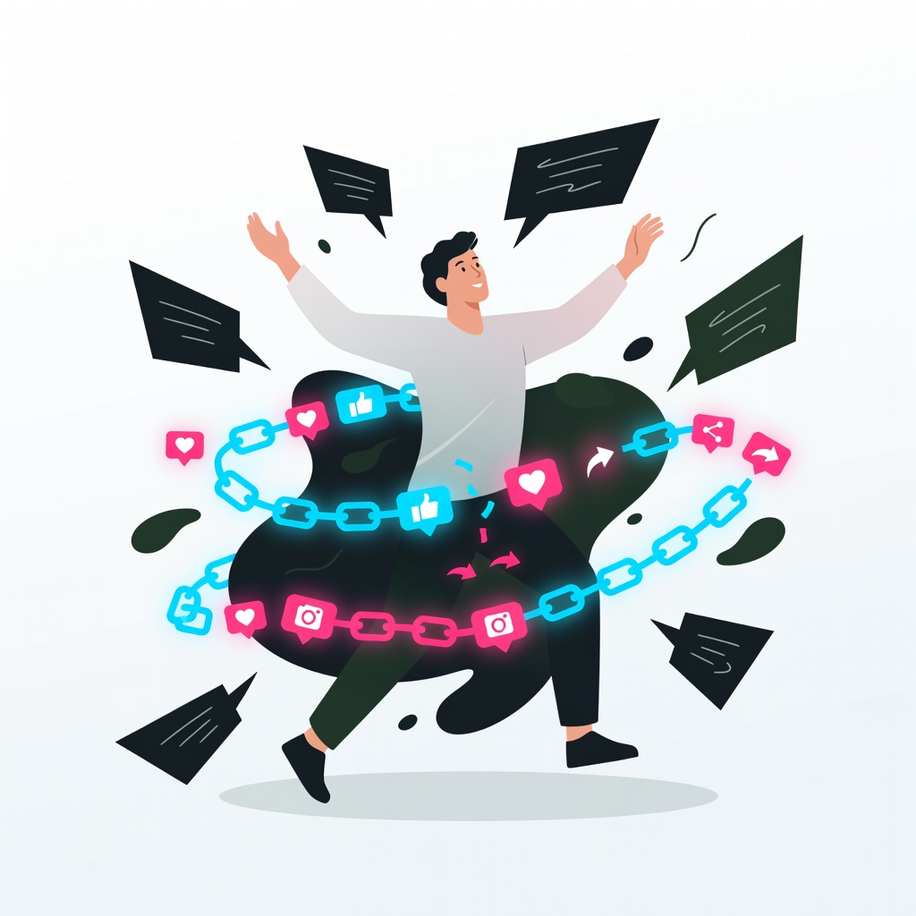 a person breaking free from glowing chains shaped like social media icons, envious shadows, and comp