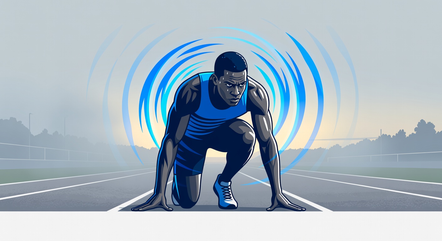 A determined athlete visualizing success on a misty track at dawn, muscles tensed, eyes locked ahead