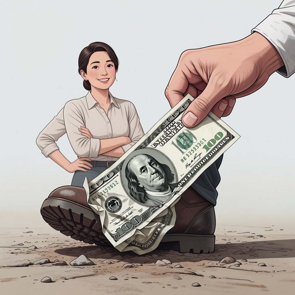 A crisp $100 bill being crumpled, stomped on the ground, yet held up confidently
