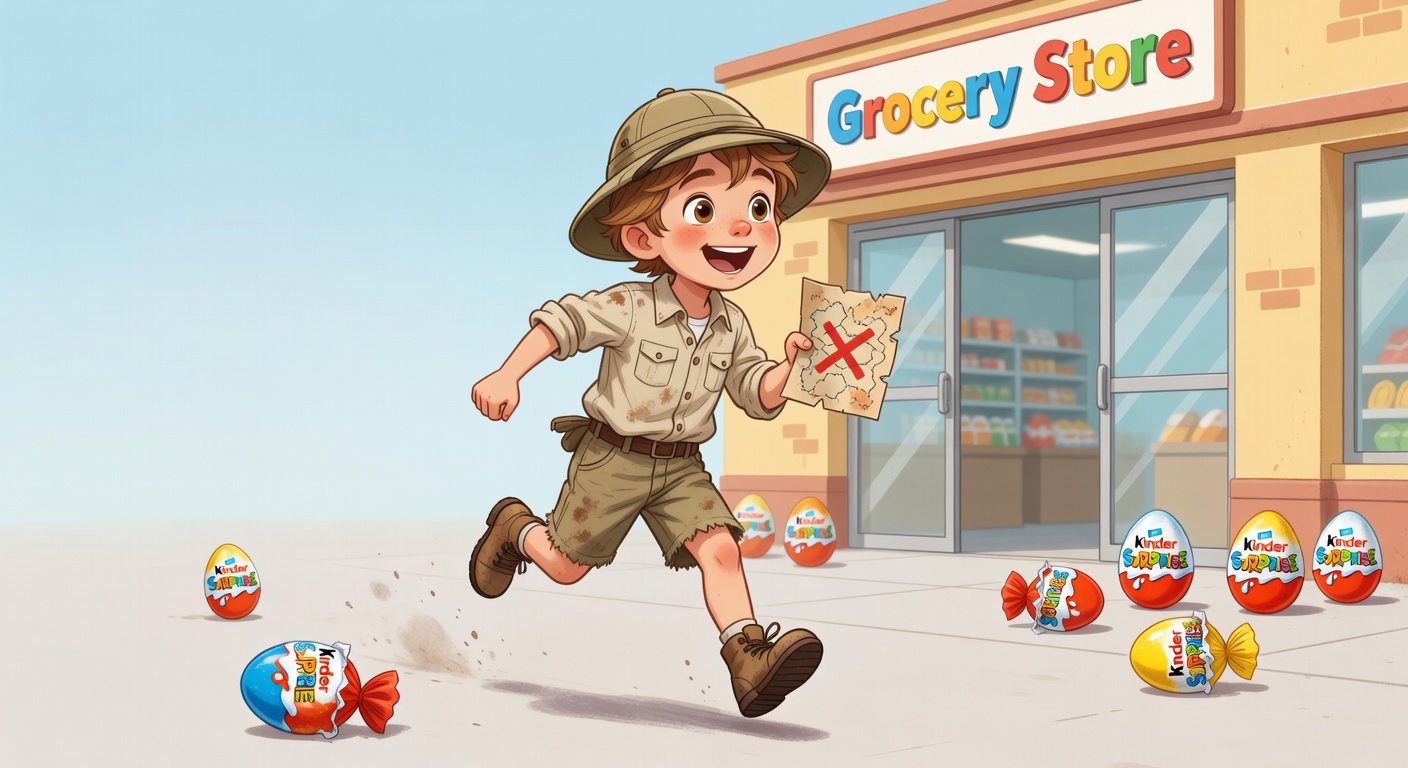 A joyful child running excitedly as an invincible explorer toward a grocery stor